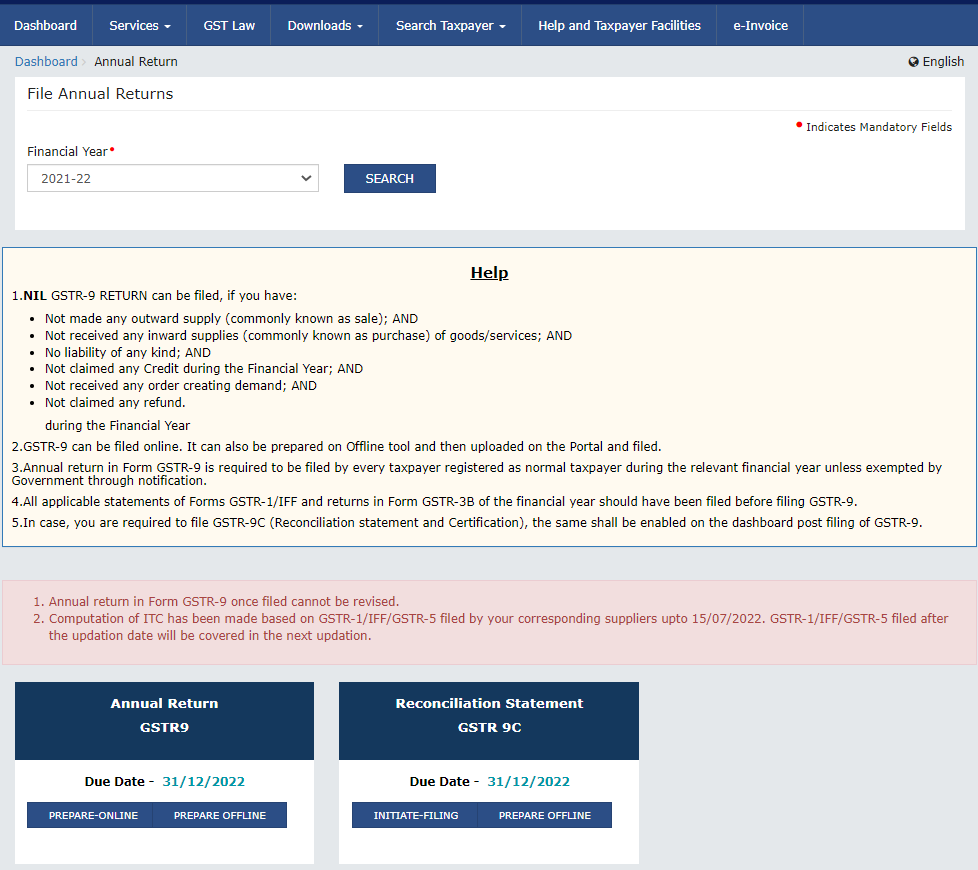 GSTN enabled GSTR-9 & GSTR-9C for F.Y. 2021-22 on GST Portal